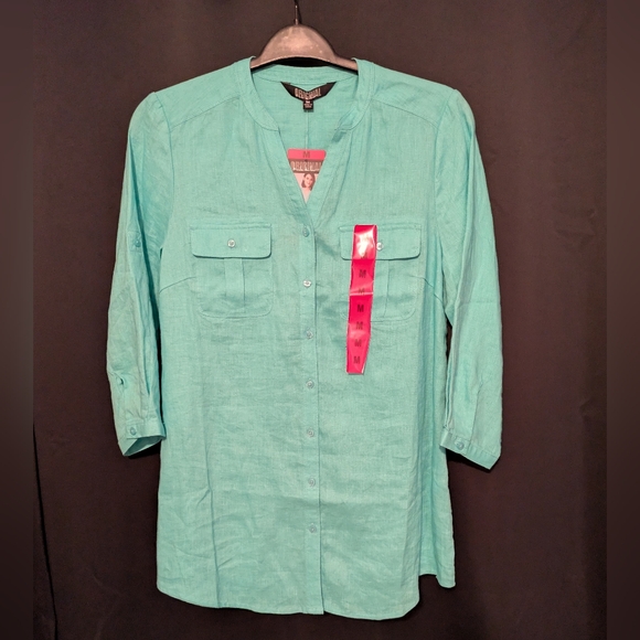 Nicole Miller | Tops | Nicole Miller Bermuda Green Button Up V Neck 34 ...